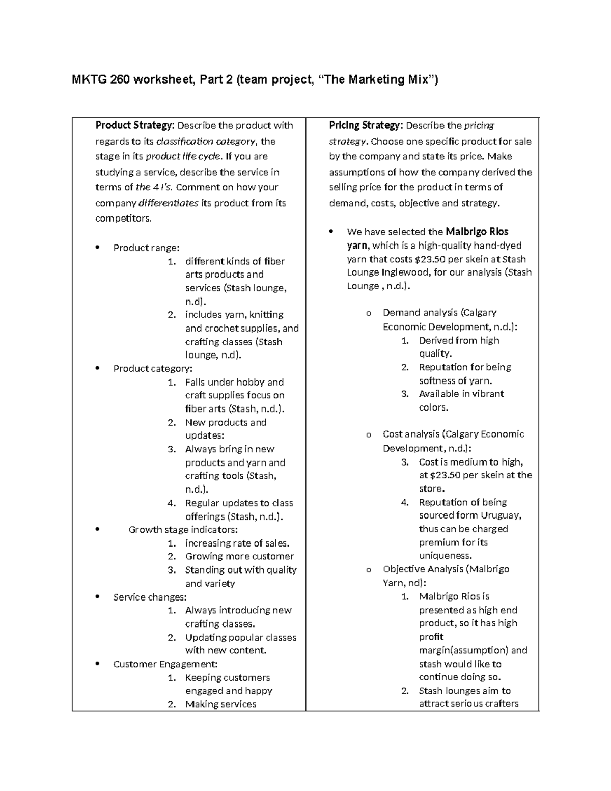 MKTG 260 Project Part 2: The Marketing Mix Worksheet Analysis - Studocu