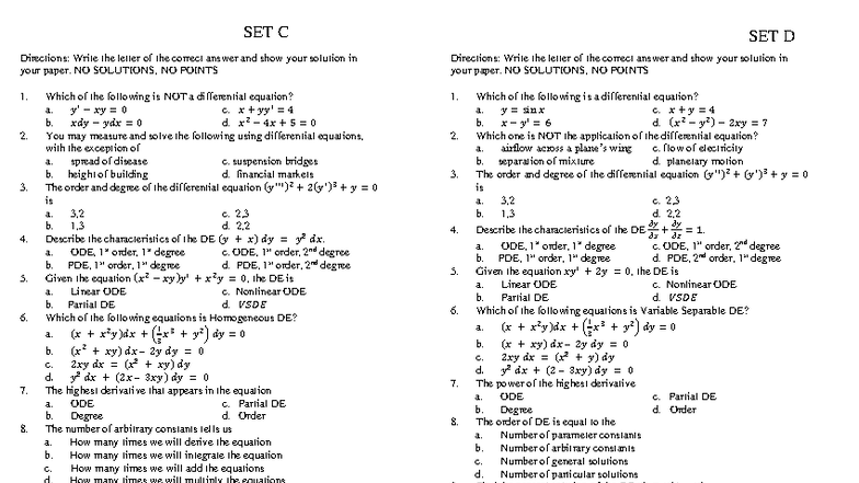 P1 MAT 052 Differential Equations Practice Questions - Studocu