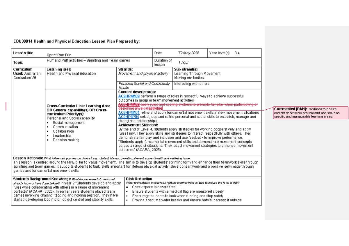 EDU30014 Health and PE Lesson Plan: Sprinting & Team Games Activities ...