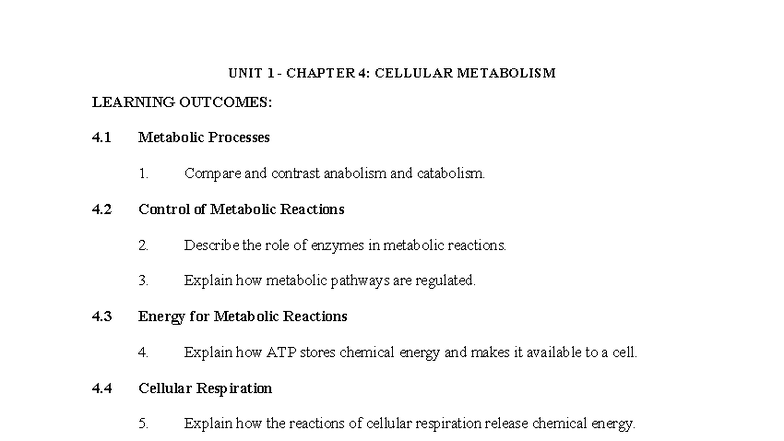 UNIT 1 CHAPTER 4: CELLULAR METABOLISM LECTURE OUTLINE - Studocu