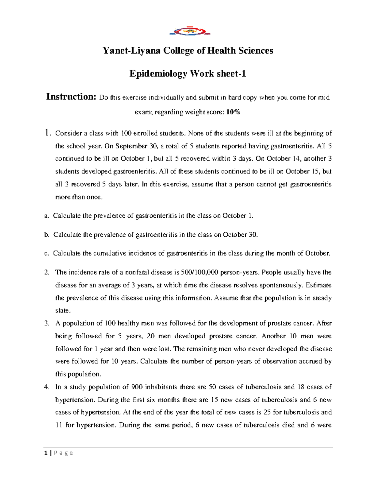 Epidemiology Worksheet-1 for Yanet-Liyana College Midterm Exam - Studocu