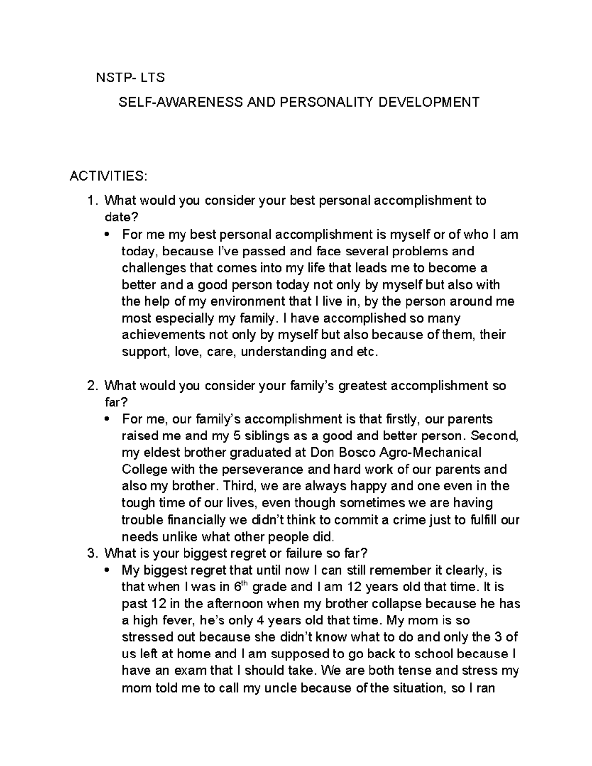 Self-Awareness & Personality Development Activities - BEED 1A - Studocu