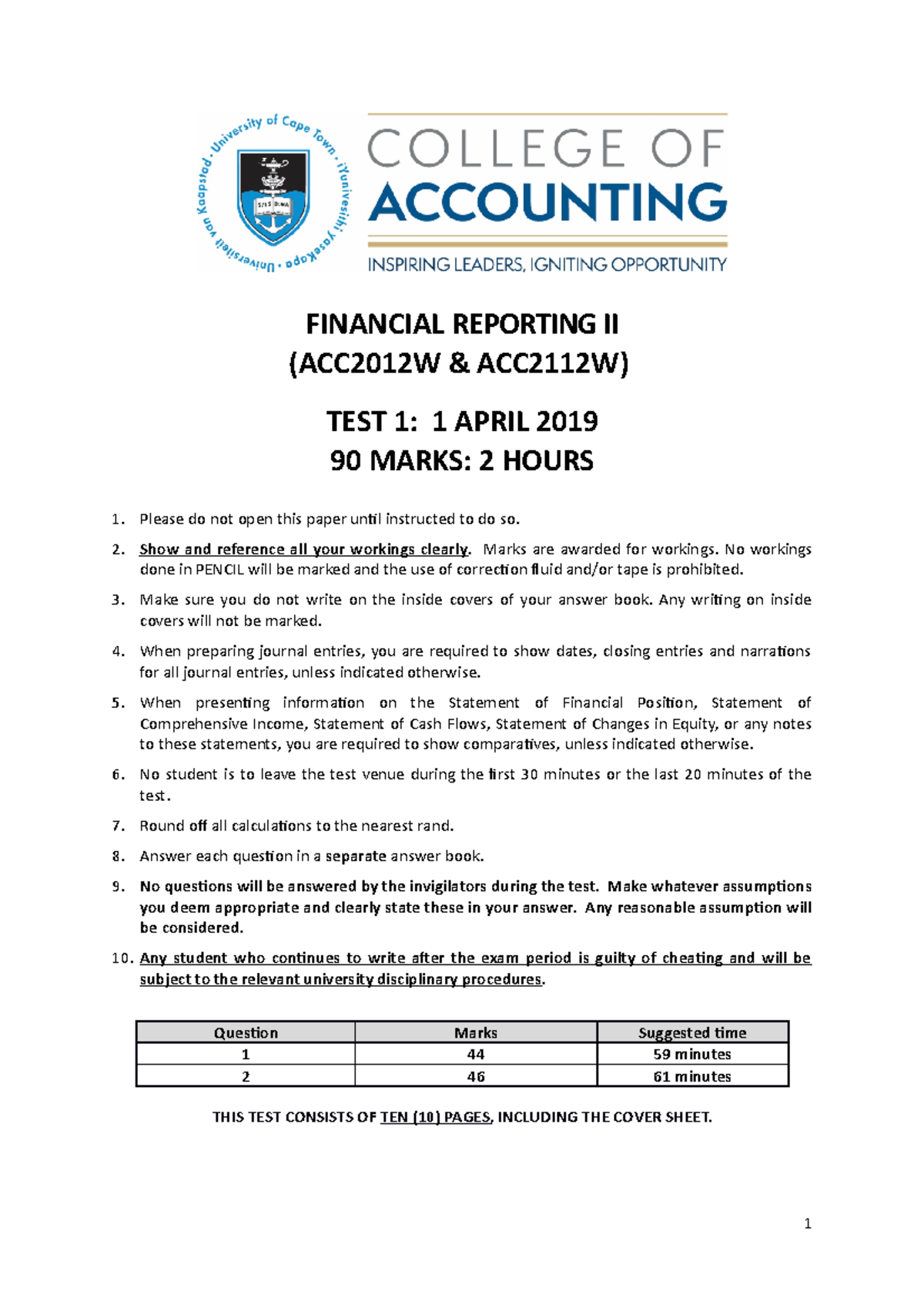 ACC2012W ACC2112W Test 1 Financial Reporting Questions & Answers 2019 ...