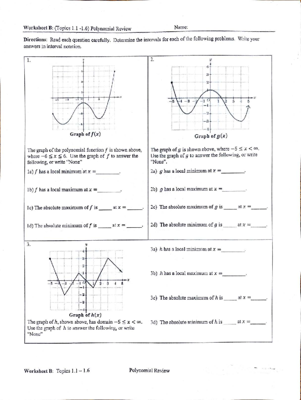 AP Precalc Polynomial Review: Worksheet B (Topics 1.1-1.6) - Studocu