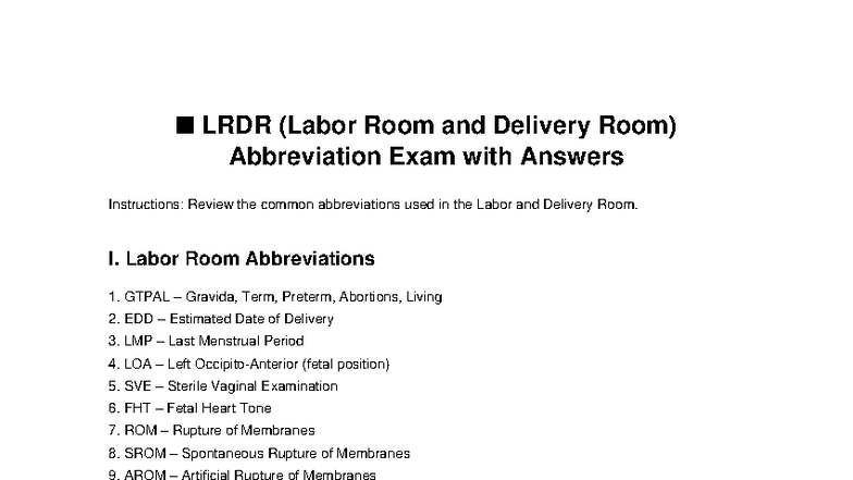 LRDR Abbreviation Exam: Labor & Delivery Room Terms Explained - Studocu