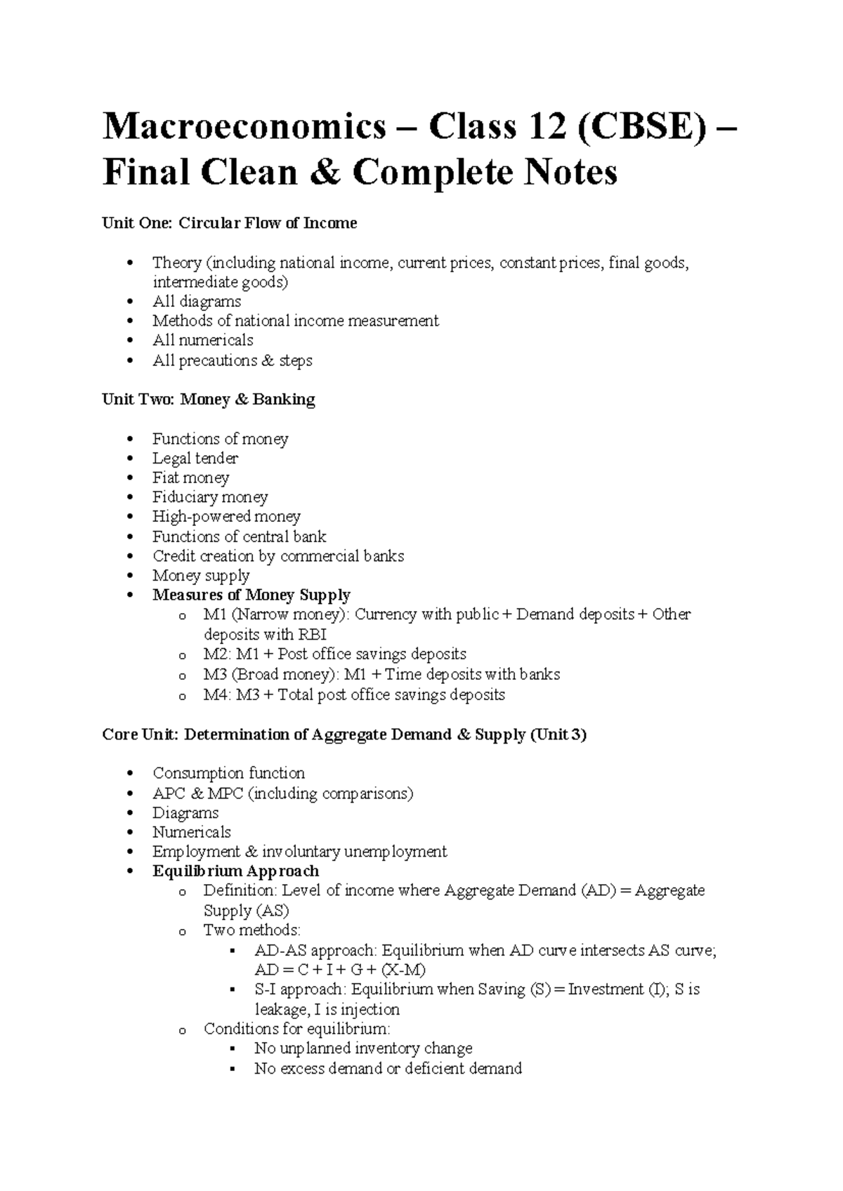 Macroeconomics Class 12 (CBSE) Final Notes: Income Flow, Money, and ...
