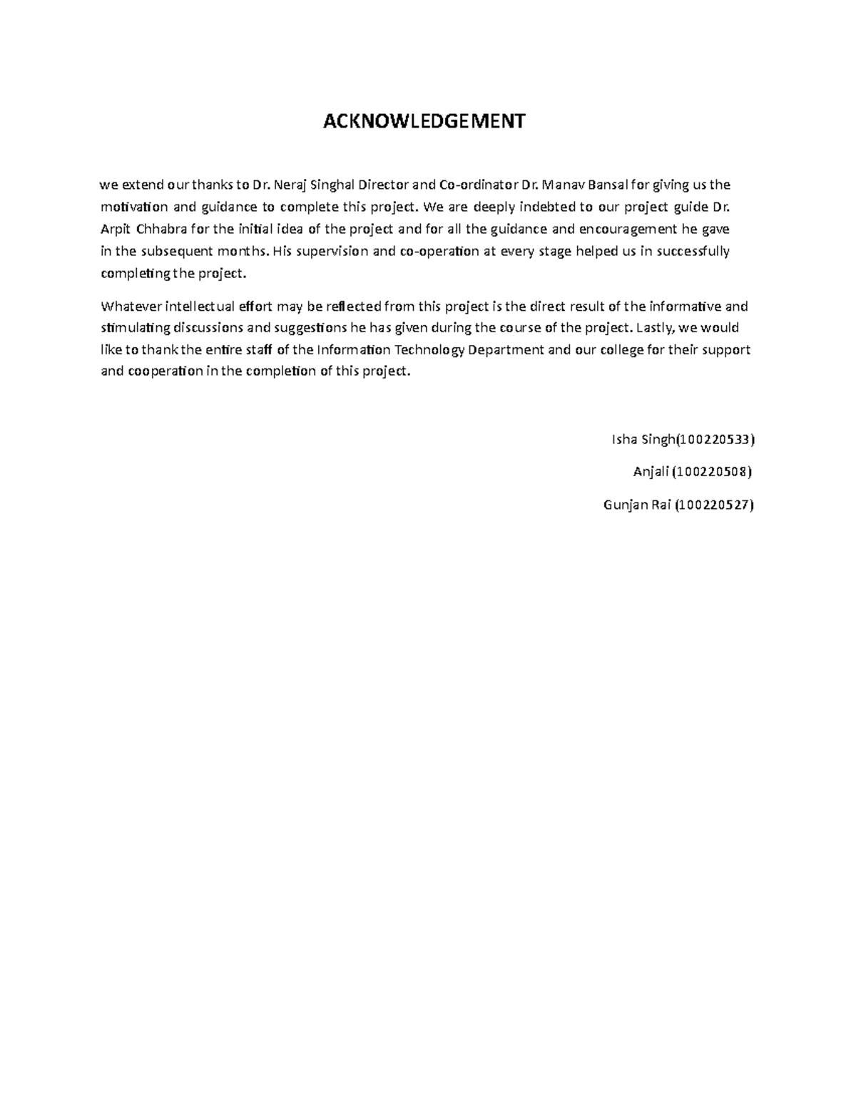 Acknowledgement for Project Synopsis - IT Dept. - Studocu