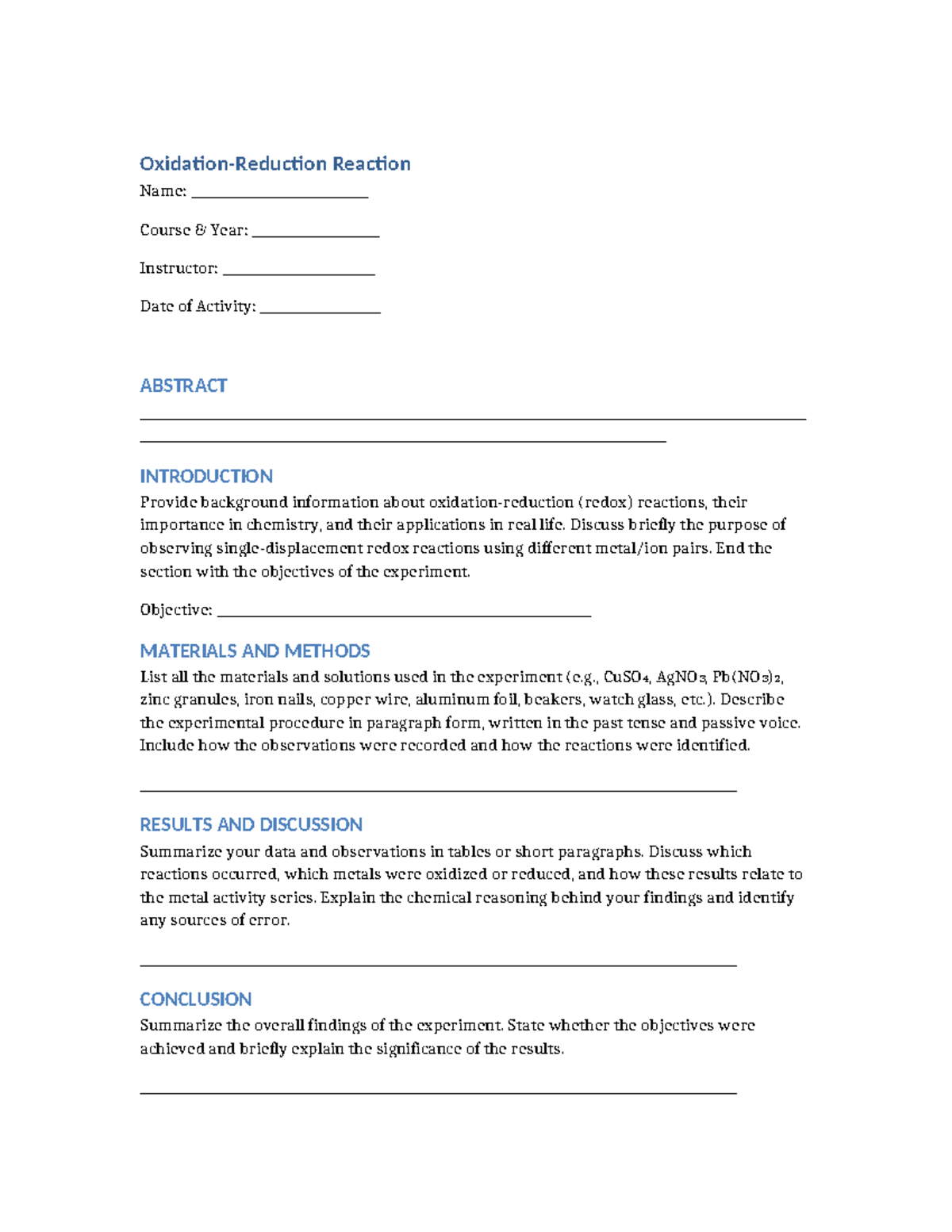 IMRaD Lab 1: Redox Reactions Overview and Findings - Studocu