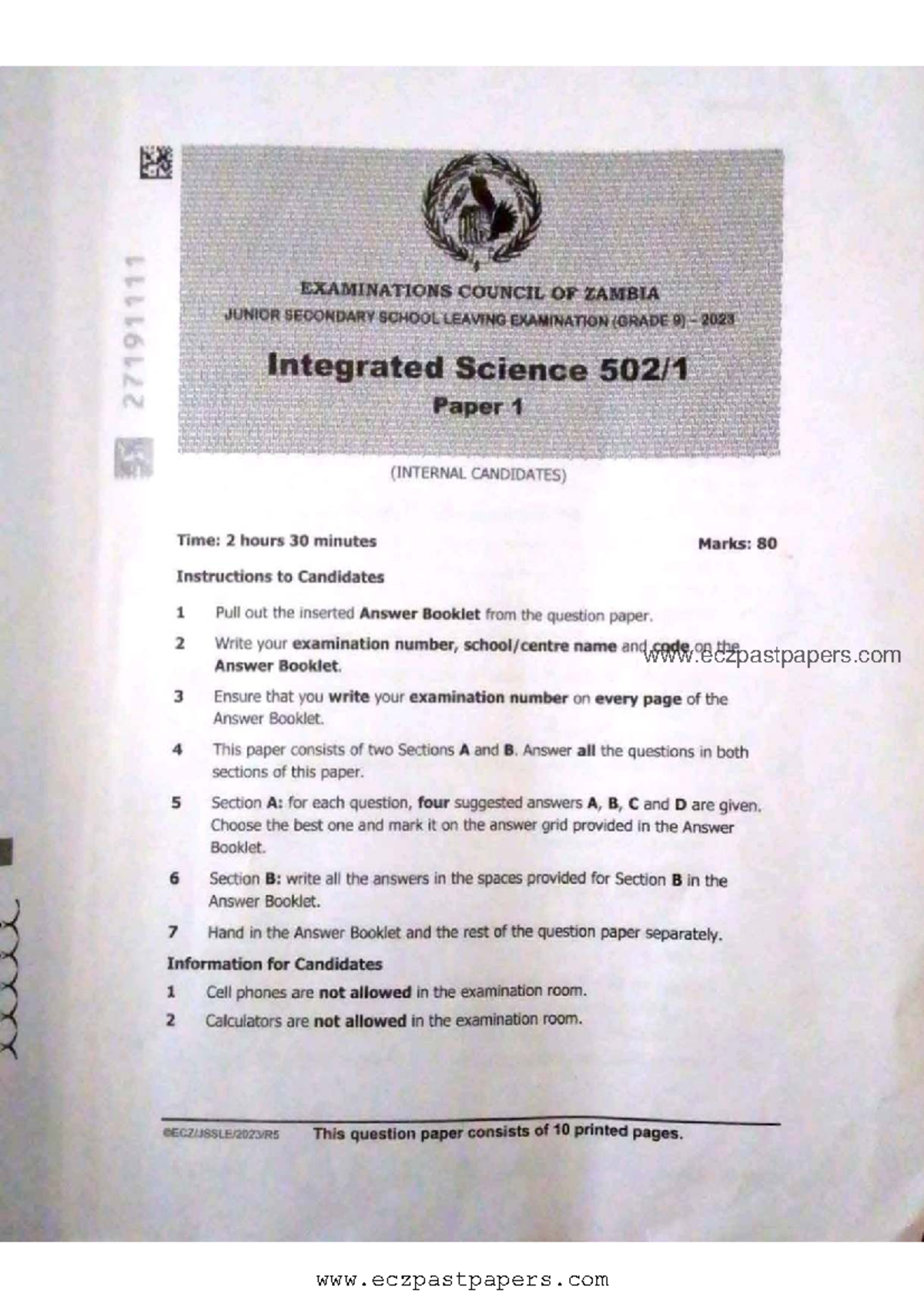 2023 G9 Integrated Science Exam Paper 1 (Internal Candidates) - Studocu