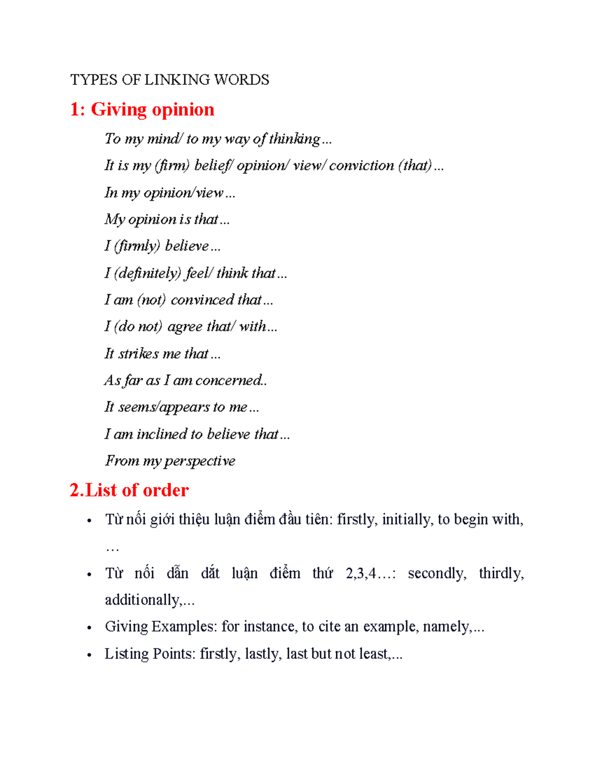 Types of Linking Words - Class Notes on Opinion & Order - Studocu