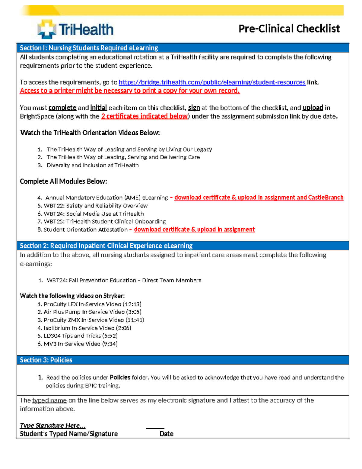 Pre-Clinical Checklist for Nursing Students: Required eLearning SU25 ...