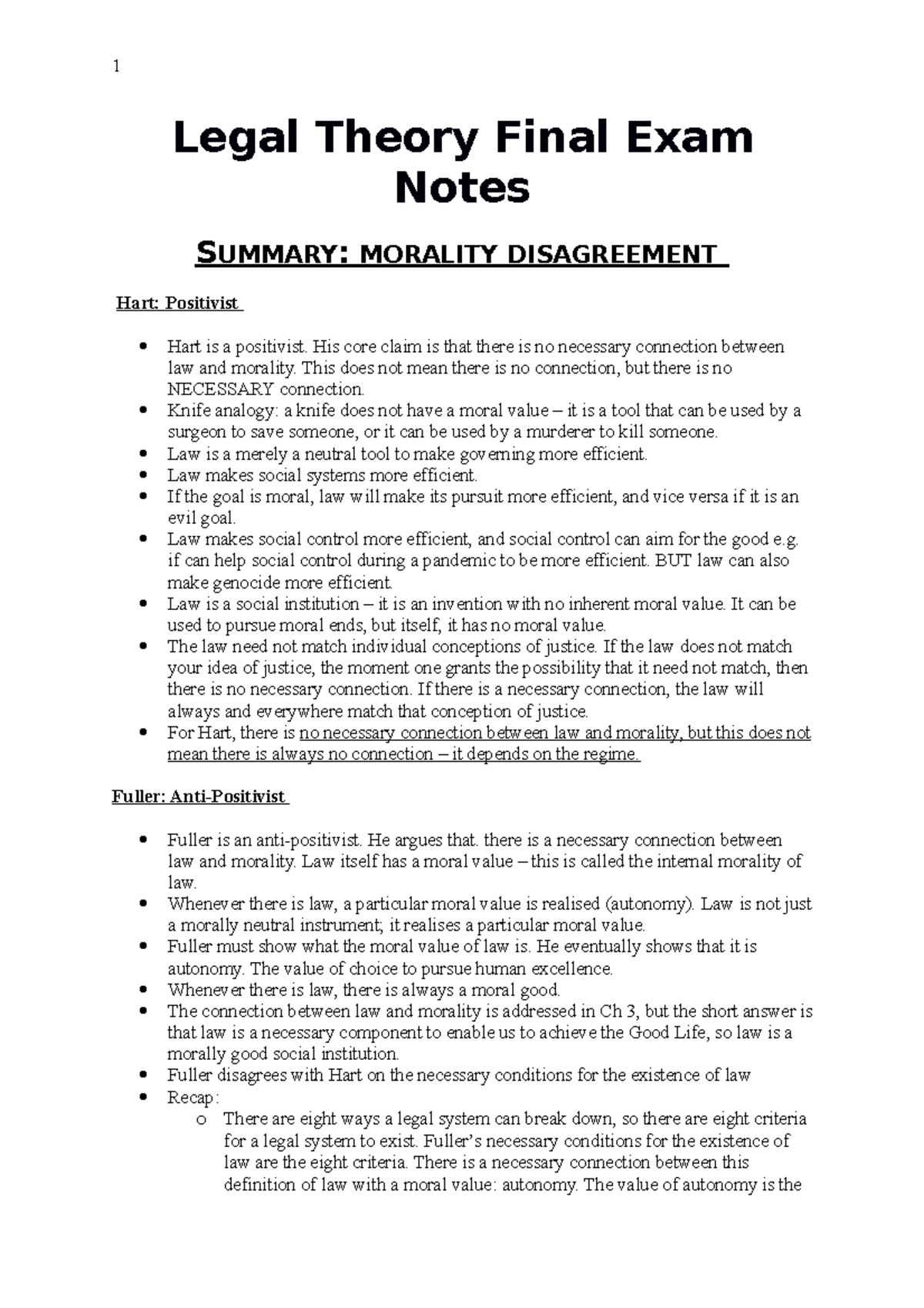 Legal Theory Final Exam Notes: Hart vs. Fuller Debate Summary - Studocu