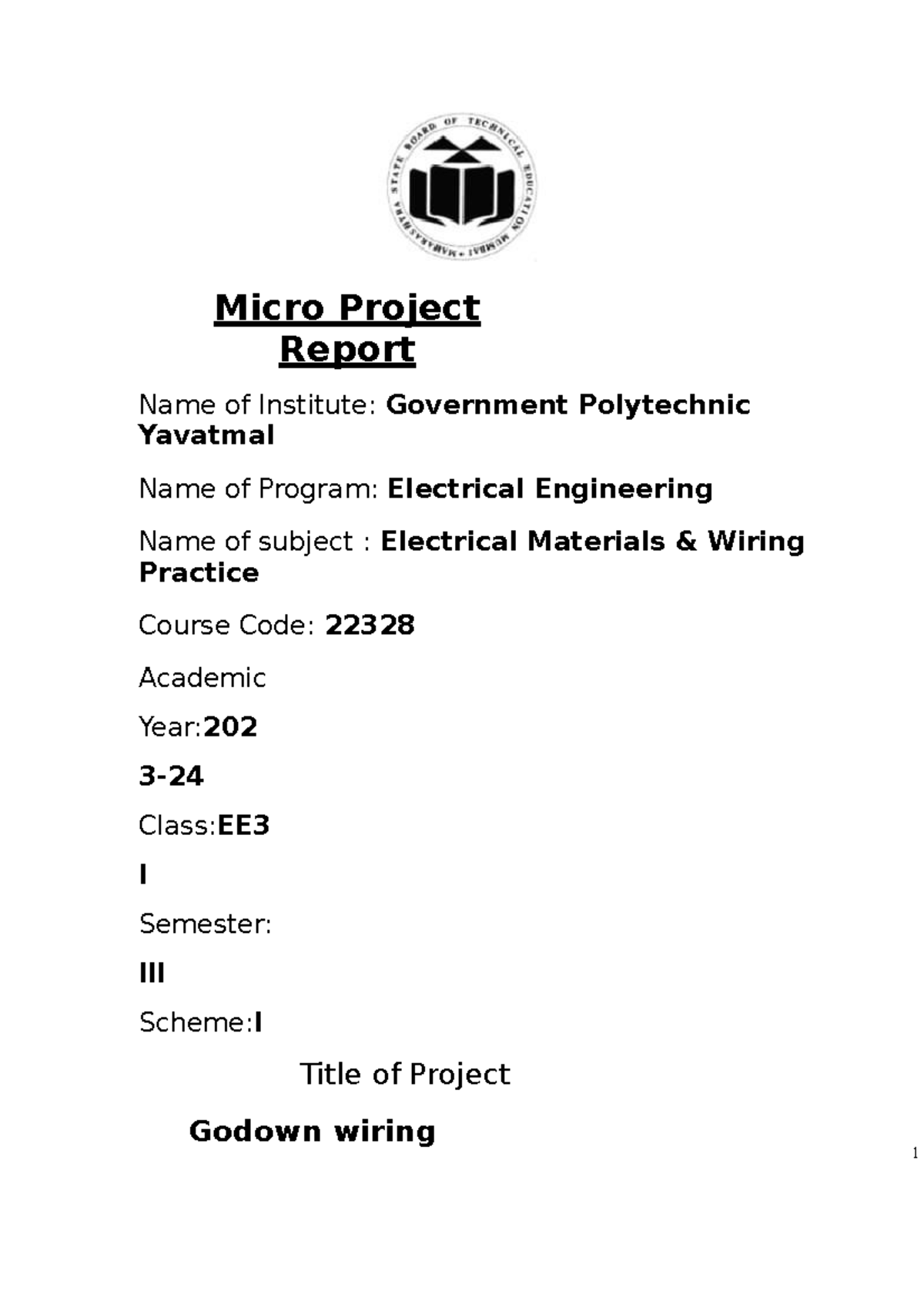 Electrical Engineering Micro Project Report on Godown Wiring (22328 ...
