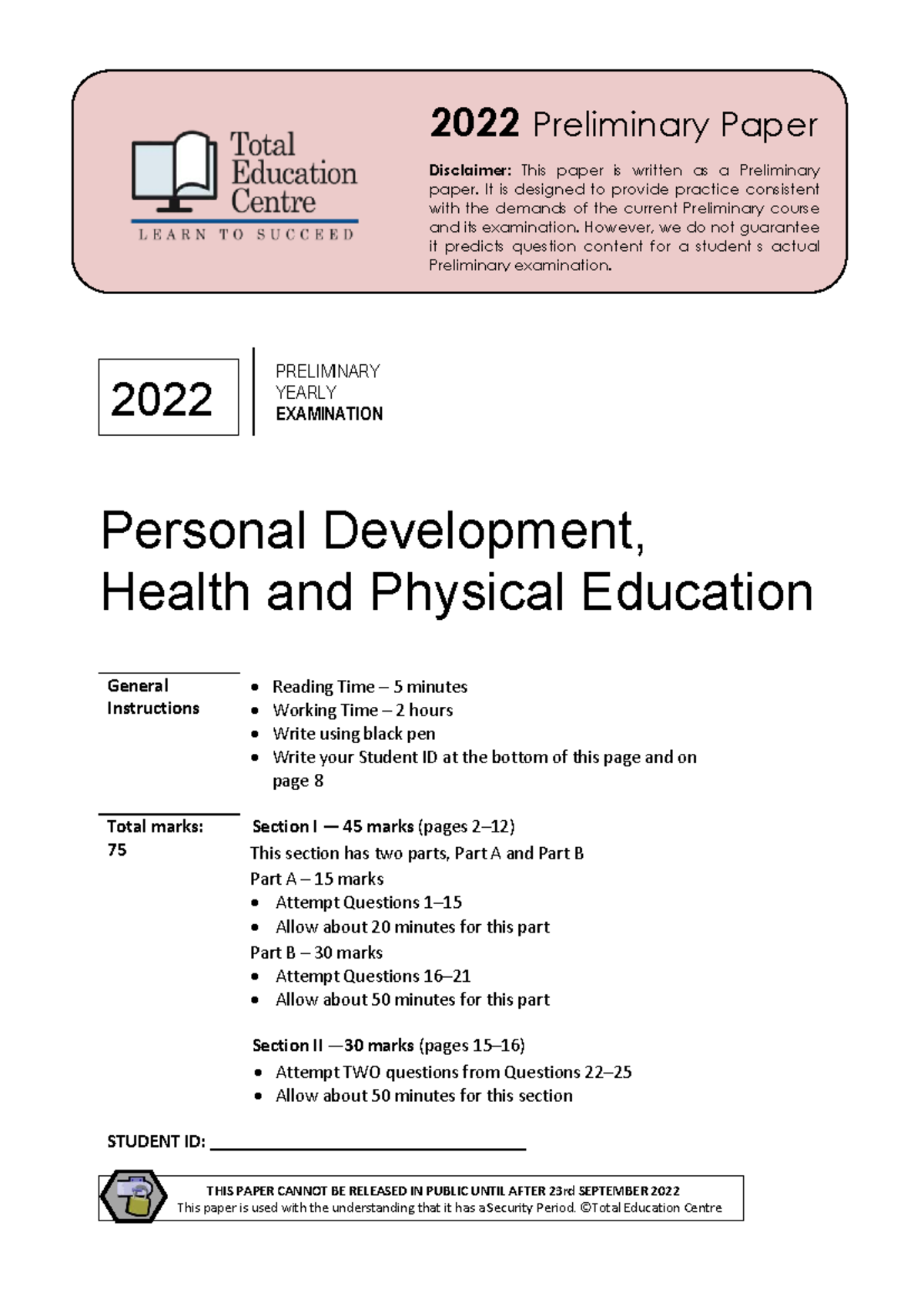 2022 PDHPE Preliminary Exam Paper: Practice & Guidelines - Studocu