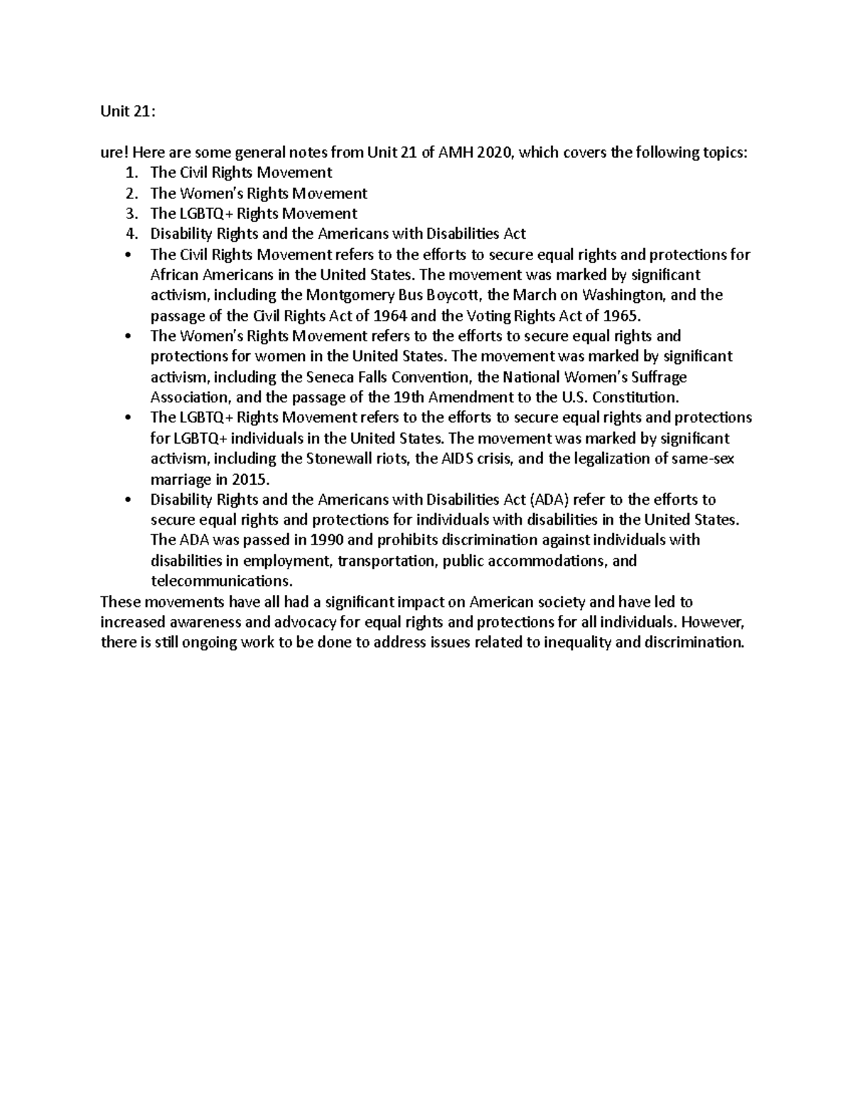 Unit 21 - Unit 21 Notes AMH - Unit 21: ure! Here are some general notes ...