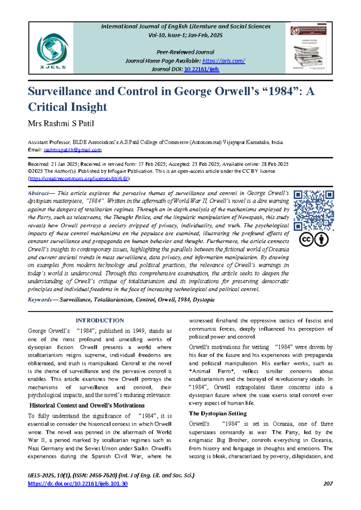 Surveillance and Control in Orwell's 1984: A Critical Insight (IJELS ...