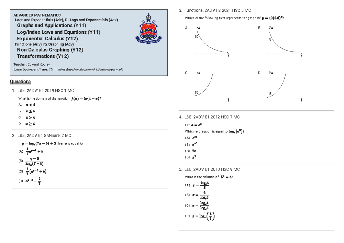Functions and Calculus Practice, 2ADV F2 2021 HSC - Studocu
