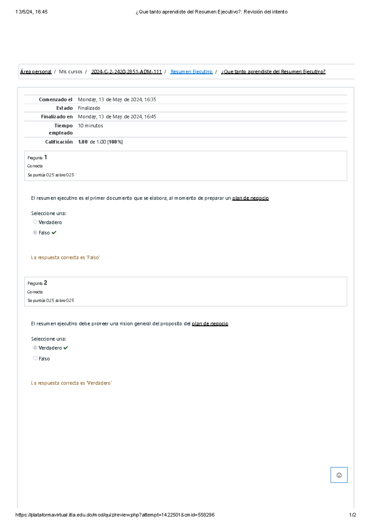 Revisión del Intento: ¿Qué tanto Aprendiste del Resumen Ejecutivo ...
