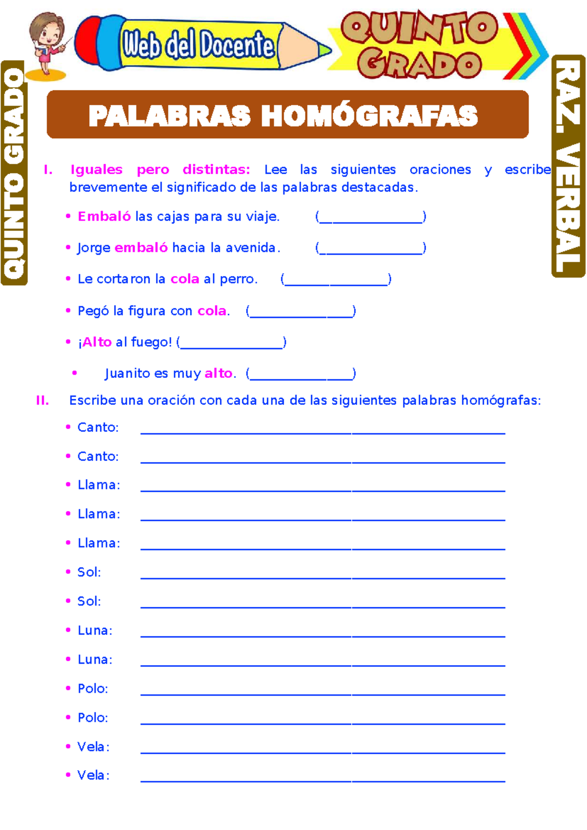 Palabras Homógrafas - Actividades para Quinto Grado de Primaria - Studocu