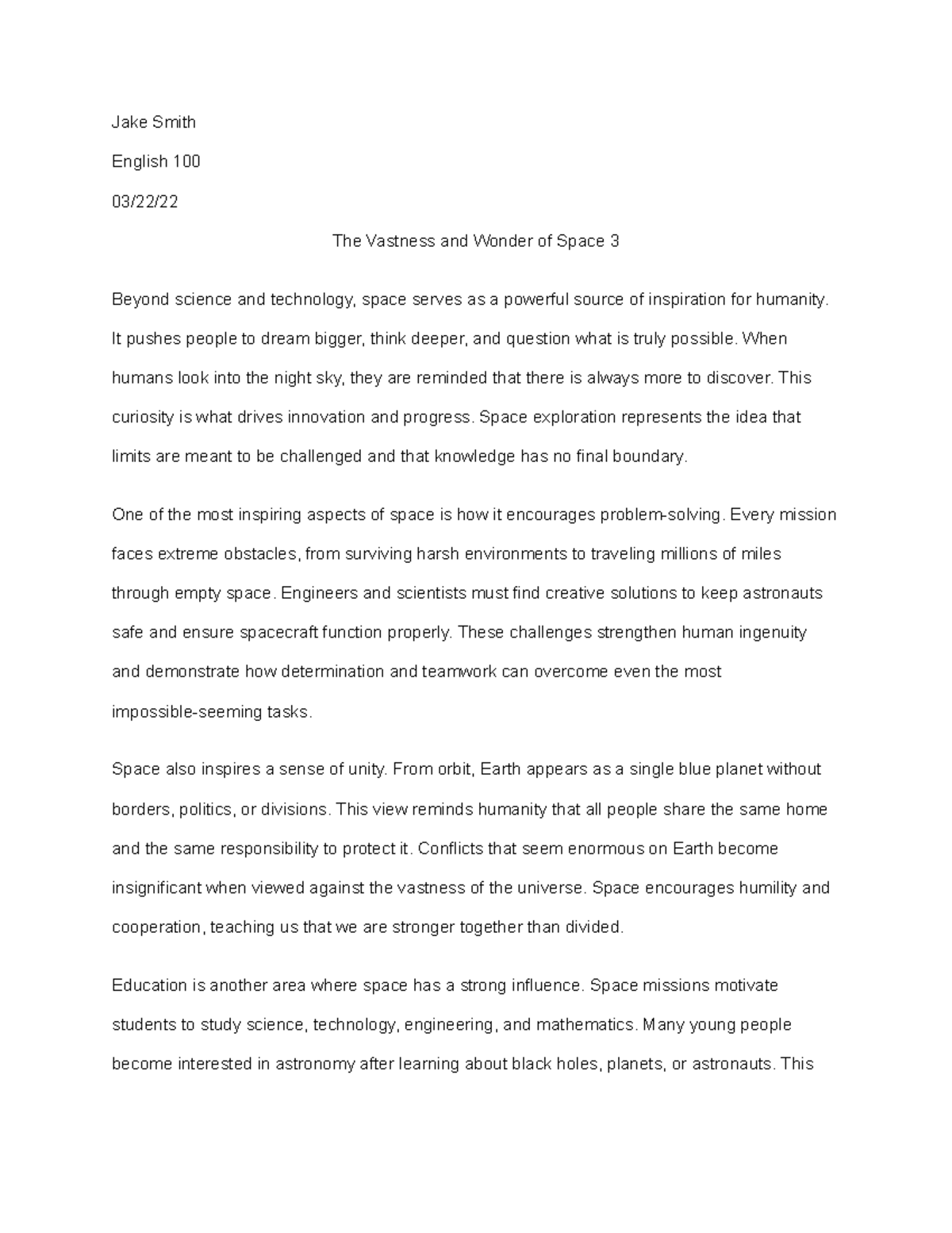 English 100 Essay: The Inspiration of Space 3 - Studocu