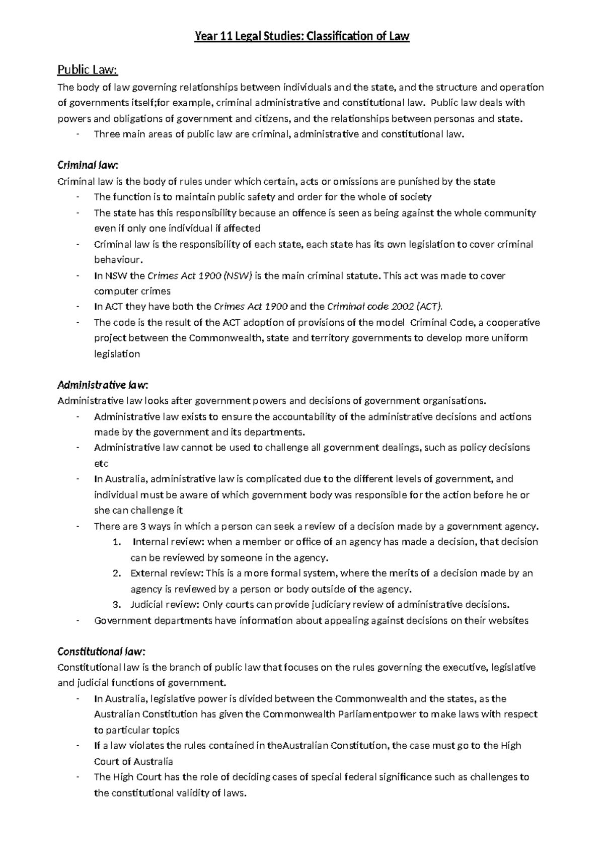 Year 11 Legal Studies: Classification of Law Overview and Key Concepts ...