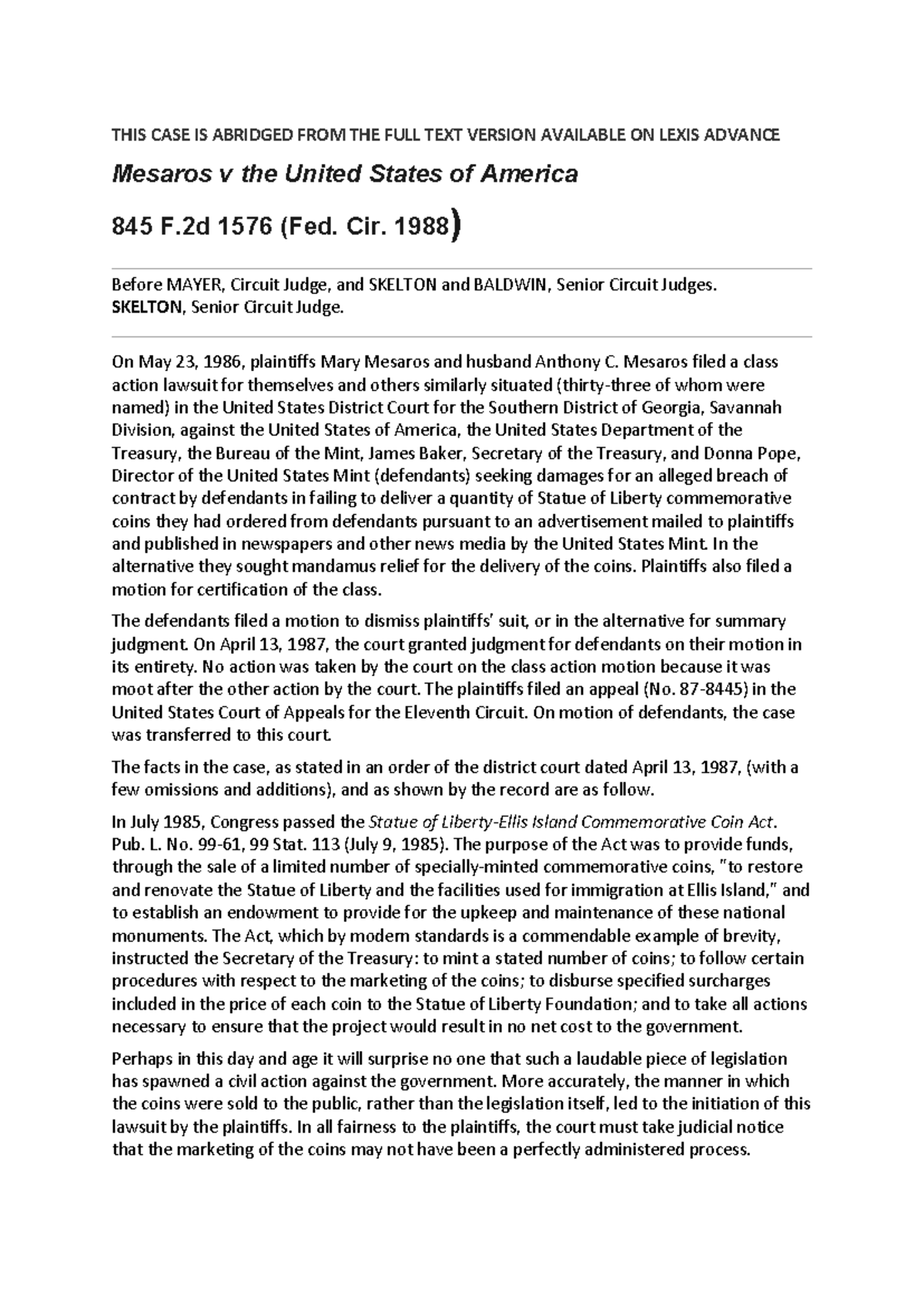 Mesaros v. USA, 845 F.2d 1576 (Fed. Cir. 1988) Case Summary - Abridged ...