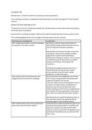 Dcreal gear - Unit 2: developing a marketing campaign (Decreal gear) Activity 1 Aims and ...