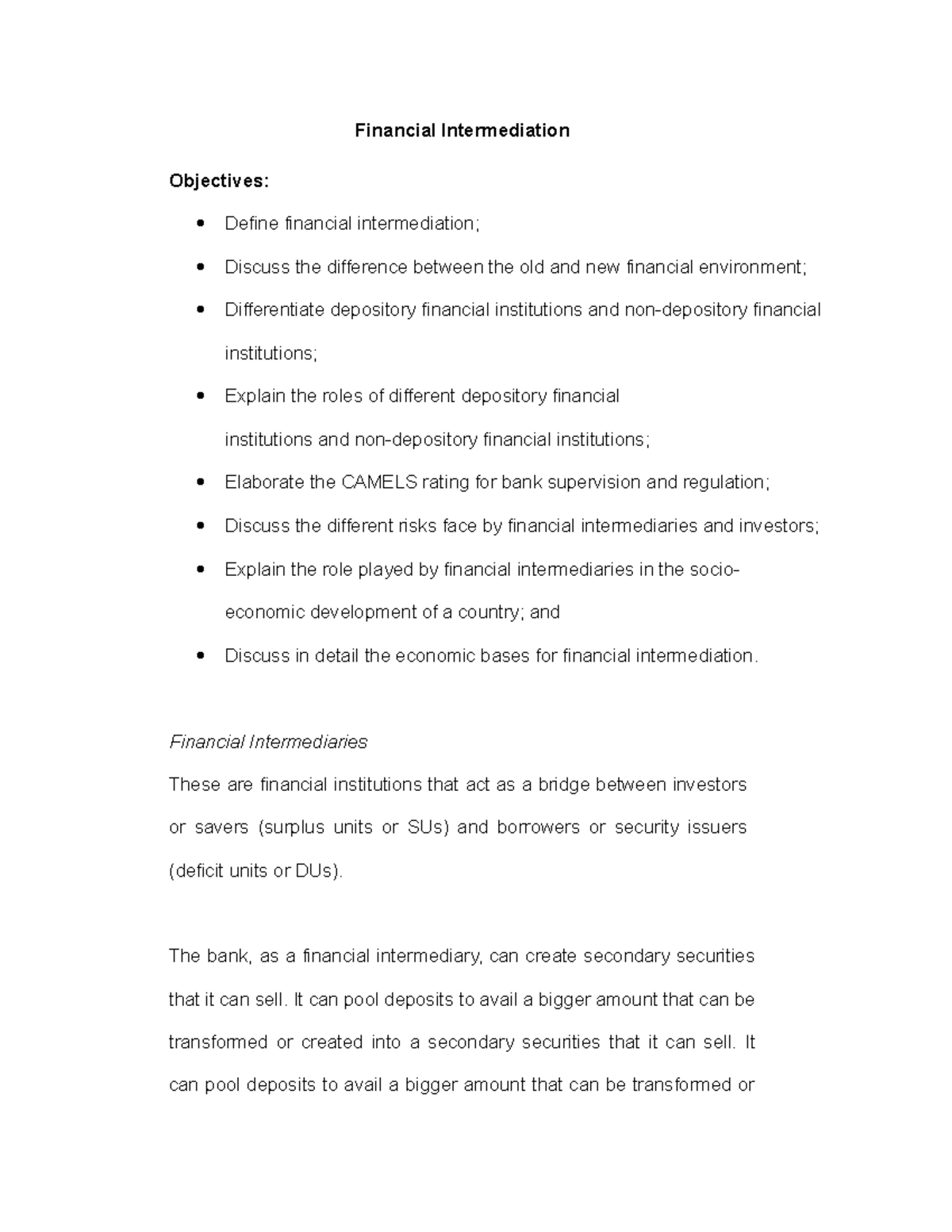Financial Intermediation Overview: Key Concepts & Risks Explained - Studocu