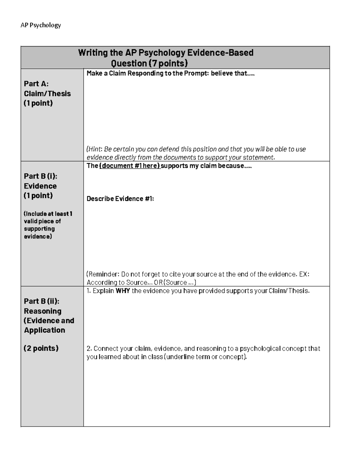AP Psychology: Writing Evidence-Based Questions (EBQs) Template - Studocu