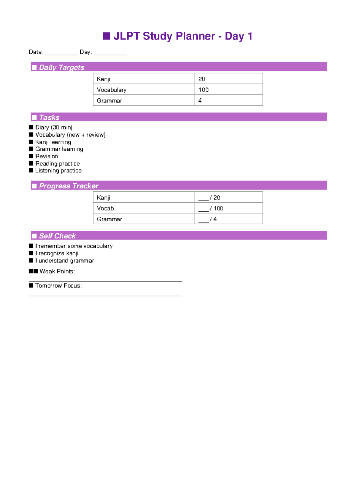JLPT 59-Day Study Planner: Daily Targets & Progress Tracker - Studocu