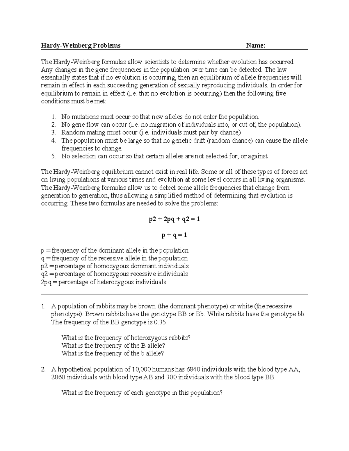 H-W Homework - EVO1 - Hardy-Weinberg Problems Name: The Hardy-Weinberg ...