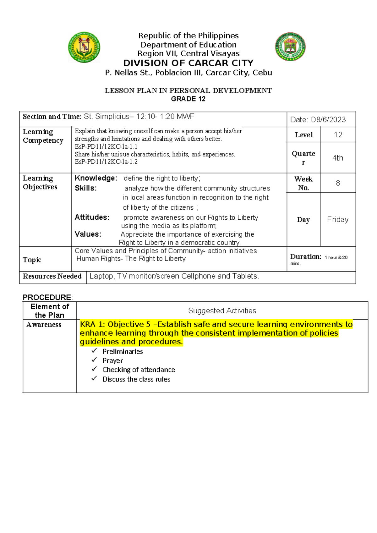 Personal Development Lesson Plan for Grade 12: Core Values & Human ...