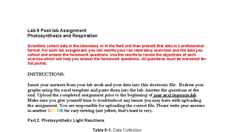 Lab 8 Assignment: Photosynthesis & Respiration Analysis (Fall 2025 ...