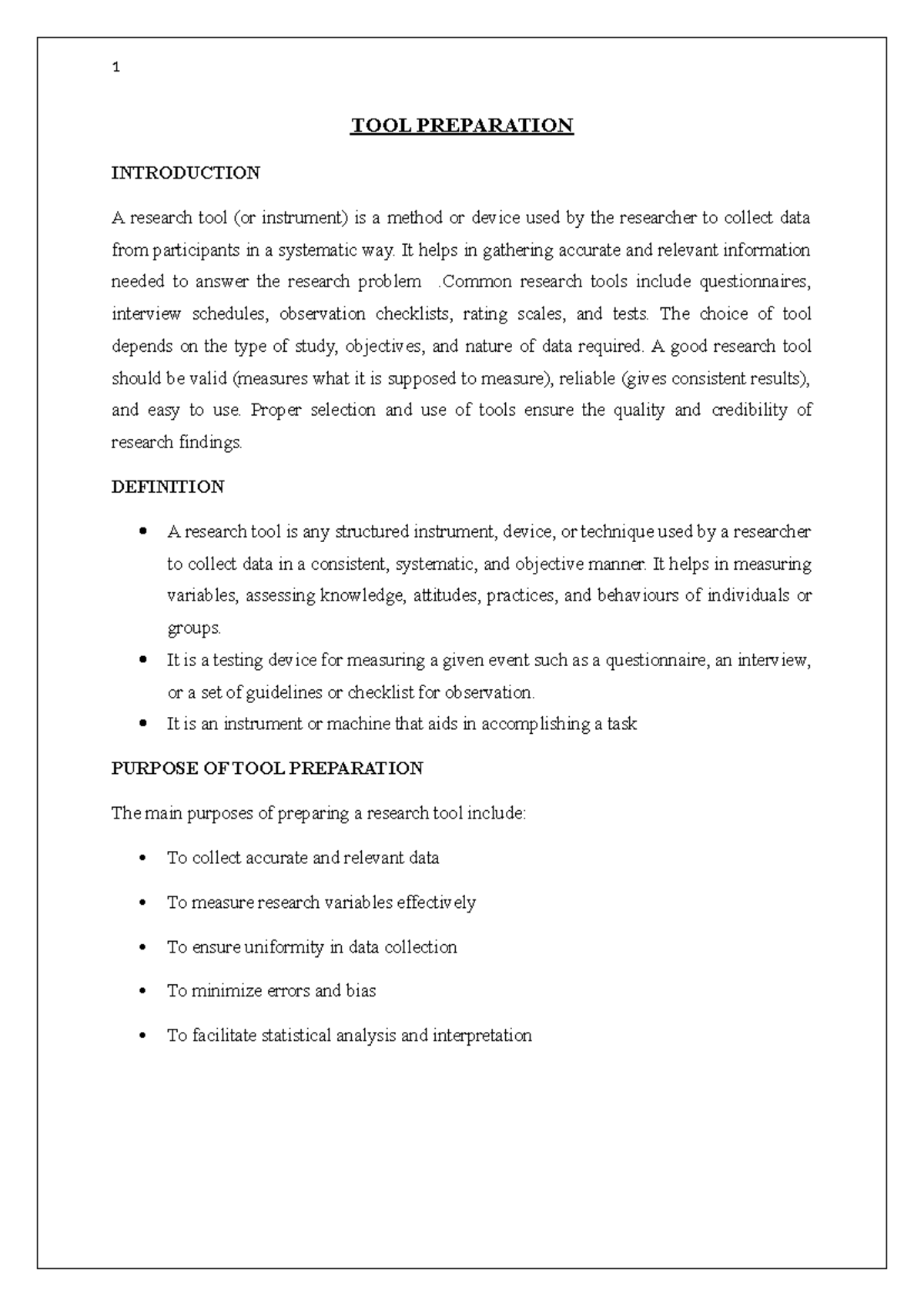 TOOL Preparation for Data Collection in Research (N Research) - Studocu