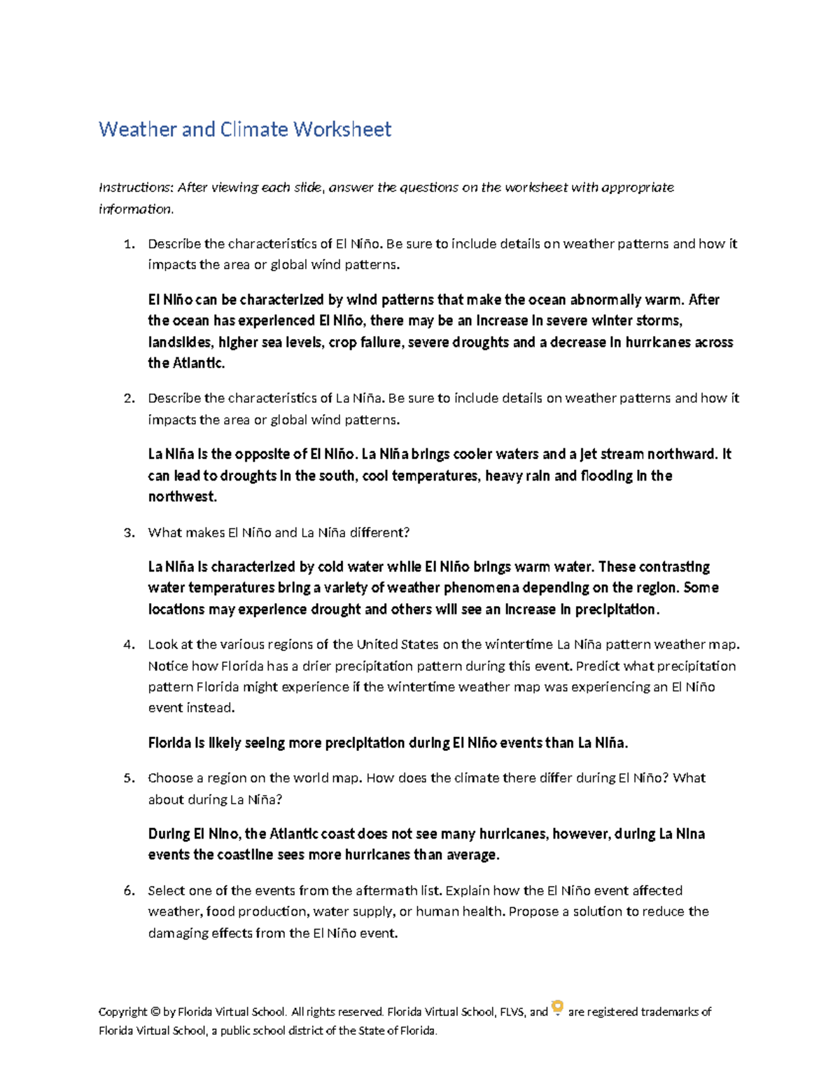 Weather and Climate Worksheet: El Niño & La Niña Analysis - Studocu