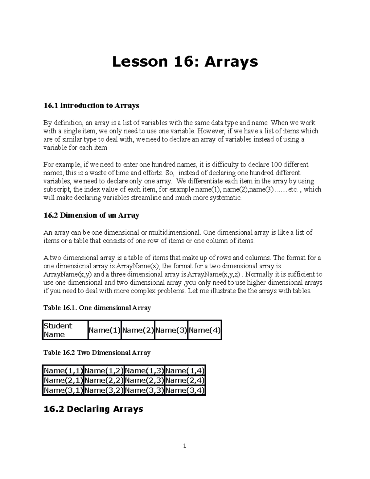 Lesson 16: Understanding Arrays in Programming Concepts - Studocu