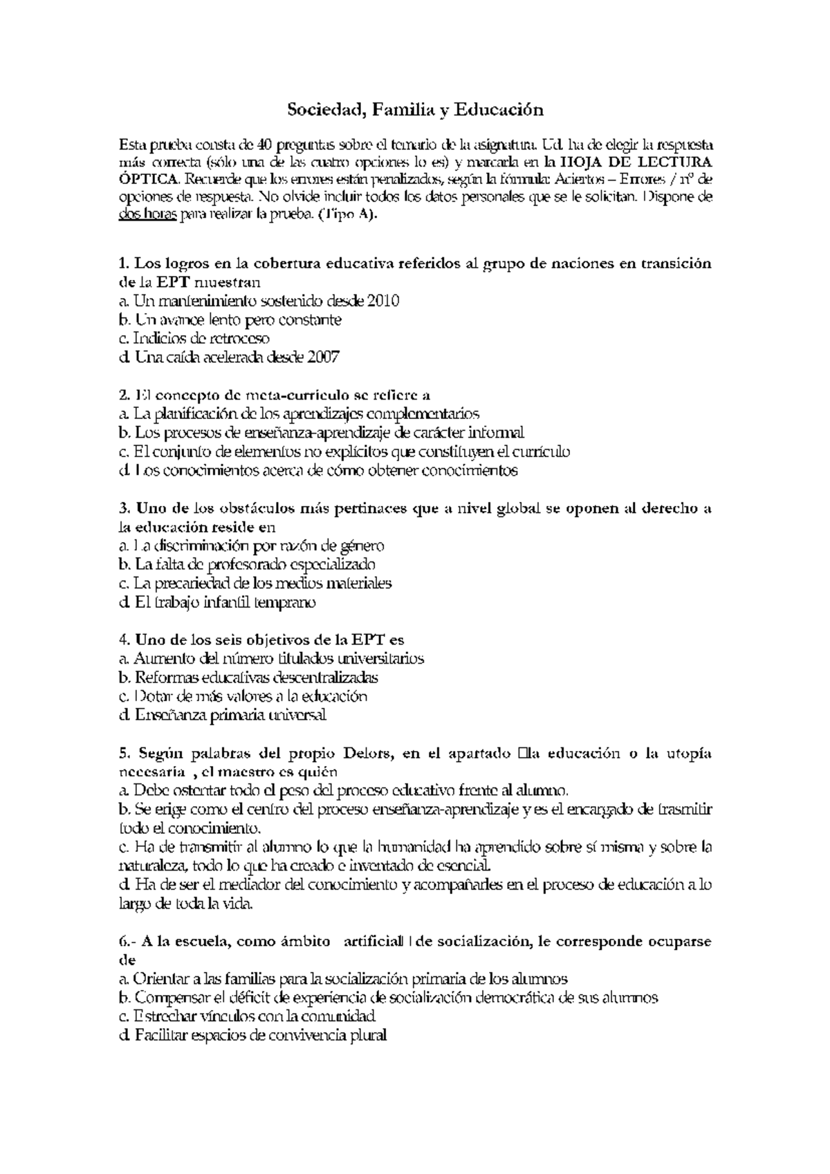 Sociedad Familia Y Educación Examen anterior, preguntas - Sociedad ...