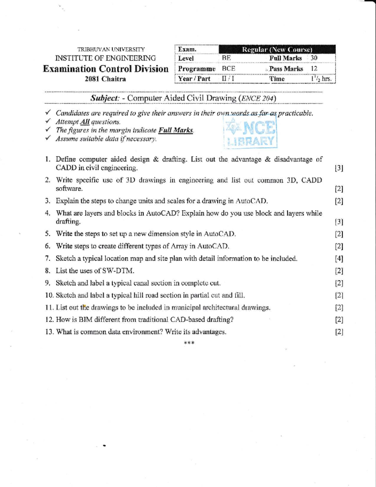 Computer Aided Civil Drawing Exam Questions (ENCE 2a4) - Studocu
