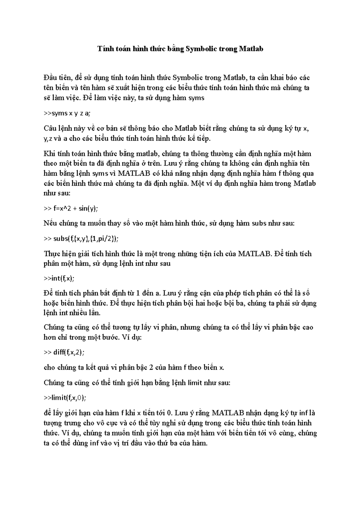 Hướng Dẫn Sử Dụng Tính Toán Hình Thức Symbolic Trong Matlab - Studocu
