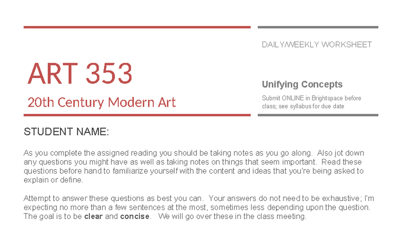 ART 353 Worksheet: Unifying Concepts in 20th Century Modern Art - Studocu