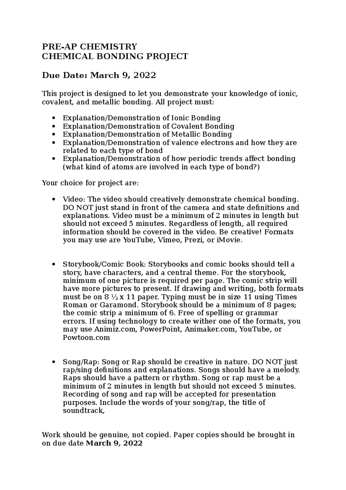 Chemistry: Chemical Bonding Project Document - PRE-AP CHEMISTRY ...