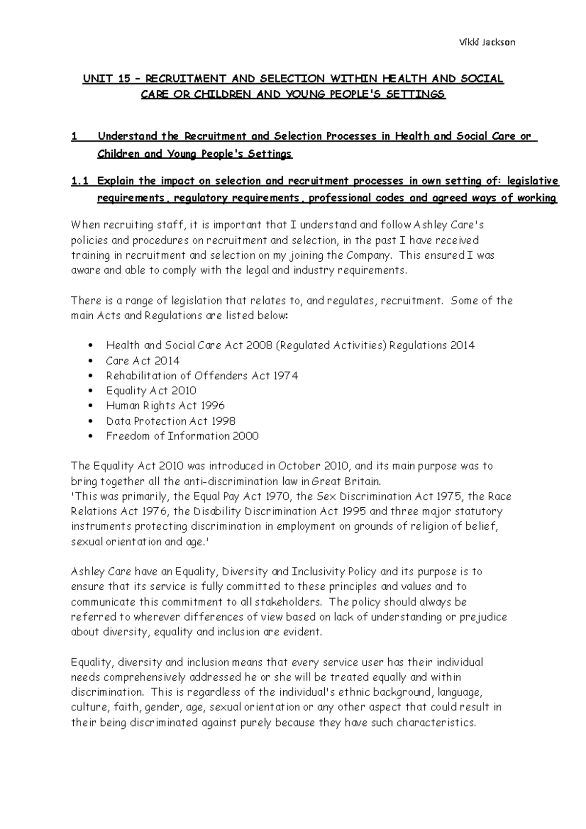 Unit 15 - Recruitment and Selection within Health and Social Care or Children and Young People's ...