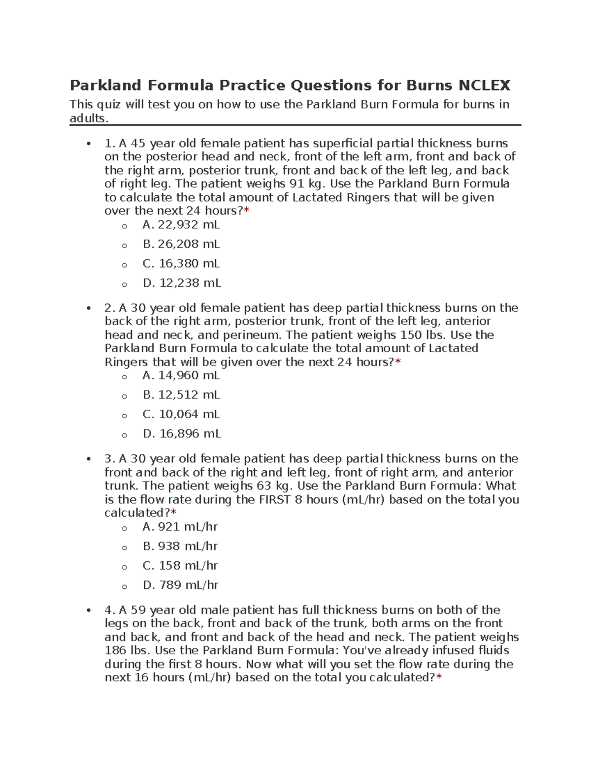 Parkland Formula NCLEX Practice Questions for Burns - Studocu