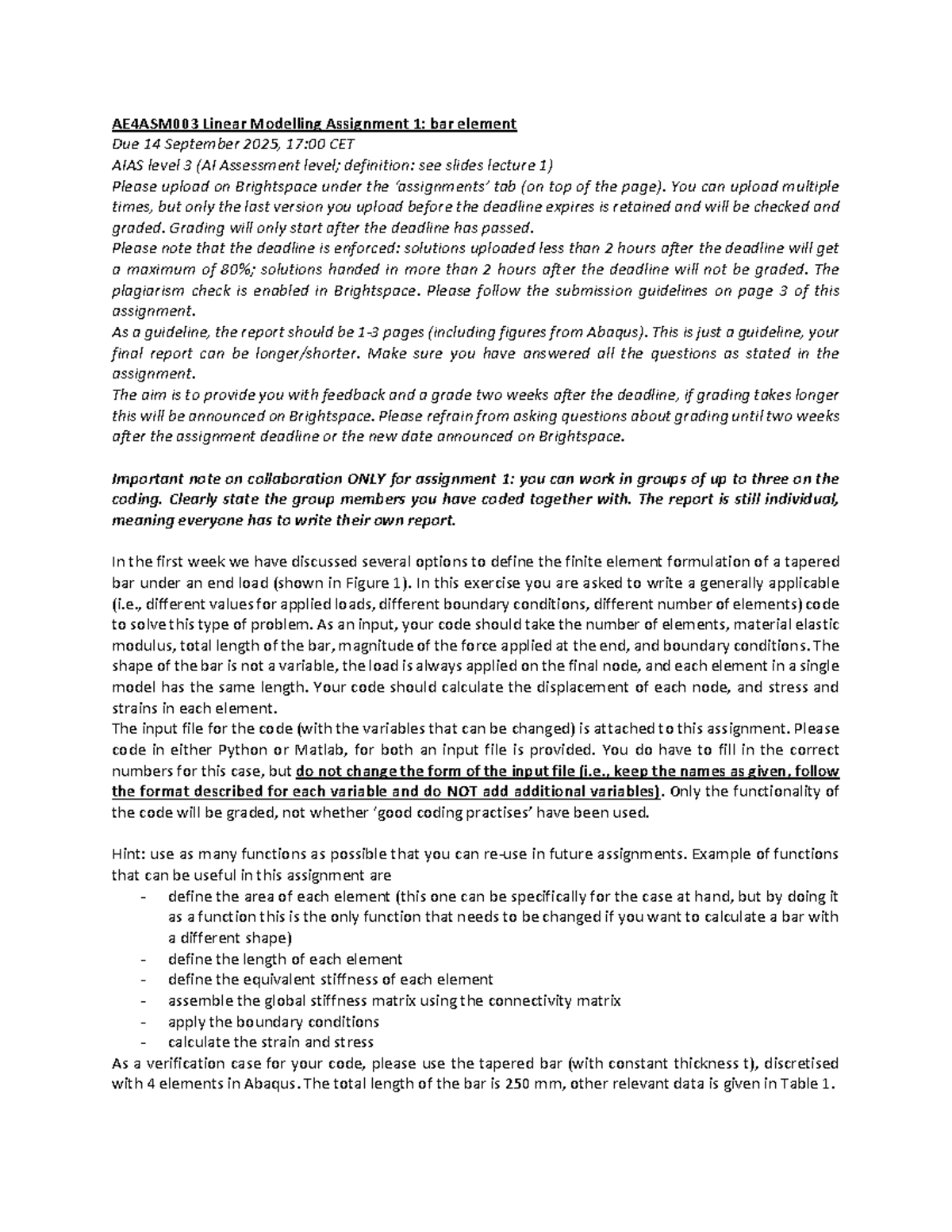 AE4ASM003 Linear Modelling Assignment 1: Tapered Bar Analysis - Studeersnel