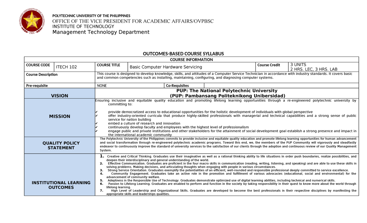 ITEC-102 Basic Computer Hardware Servicing Syllabus and Course Info 2024 - Studocu