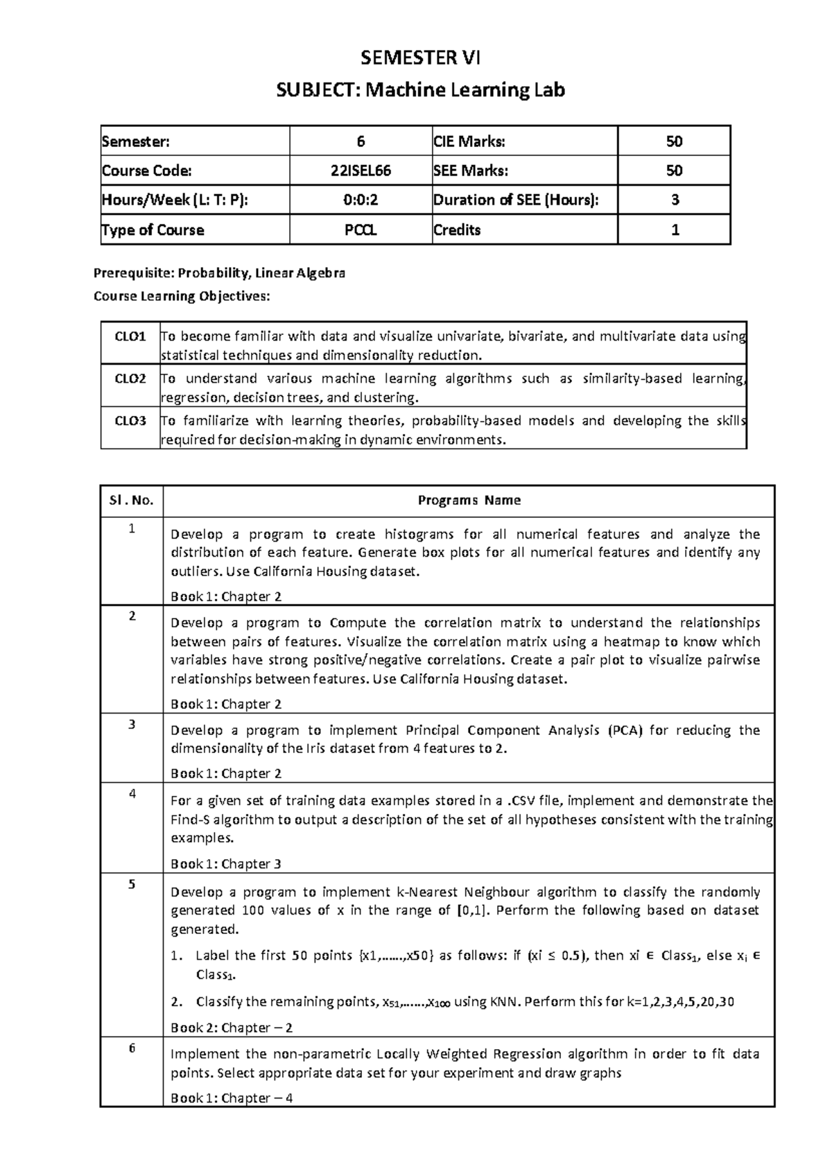 Machine Learning Lab Syllabus - 22ISEL66 (Semester VI) - Studocu