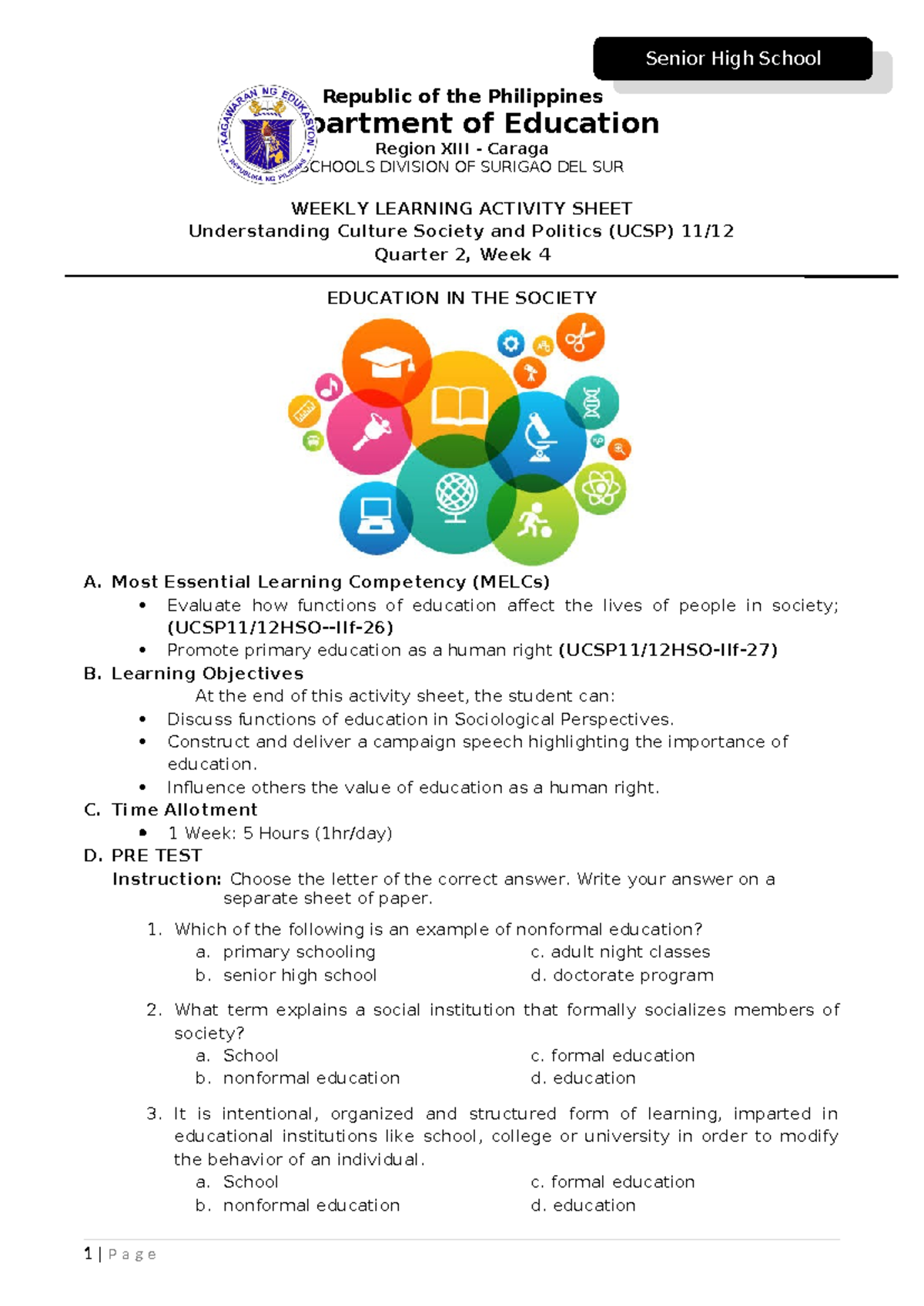 Weekly Learning Activity Sheet for UCSP 11: Education in Society - Studocu