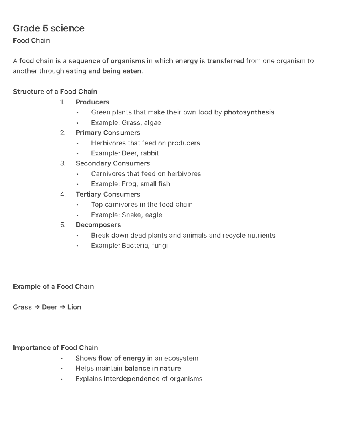 Grade 5 Science: Understanding Food Chains and Ecosystem Balance - Studocu