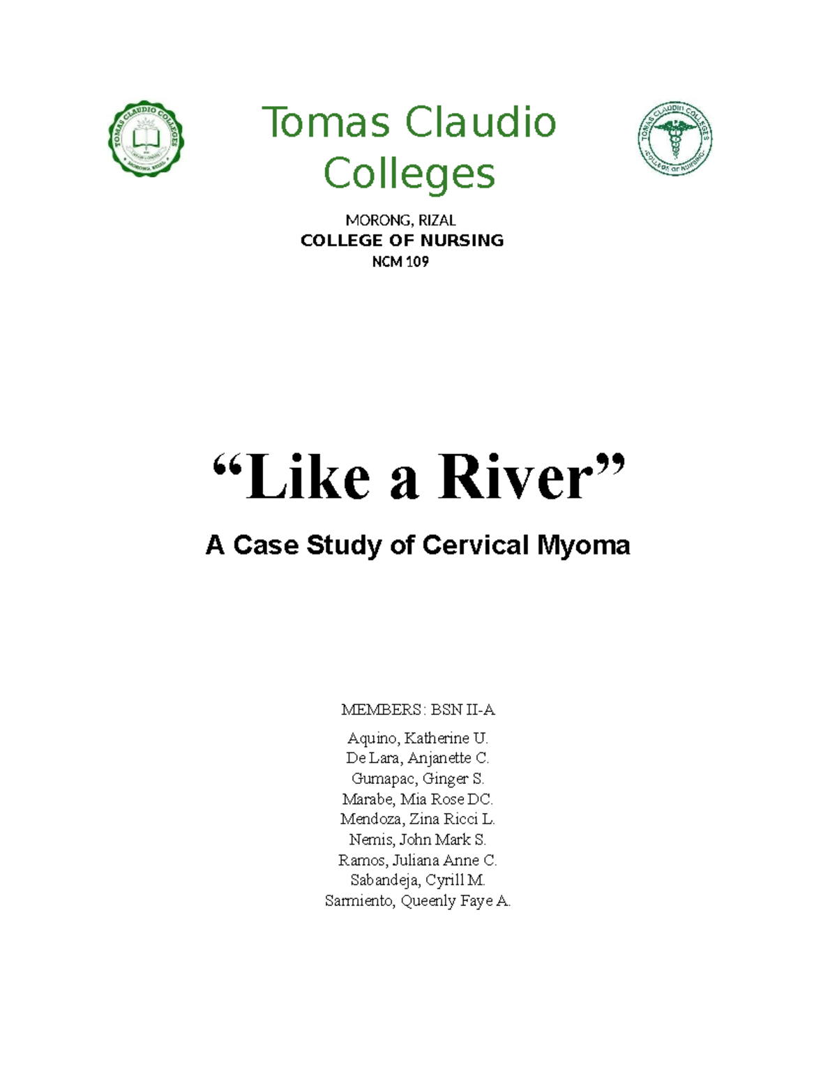 Cervical Myoma Case Study - NCM 109 - Comprehensive Overview - Studocu