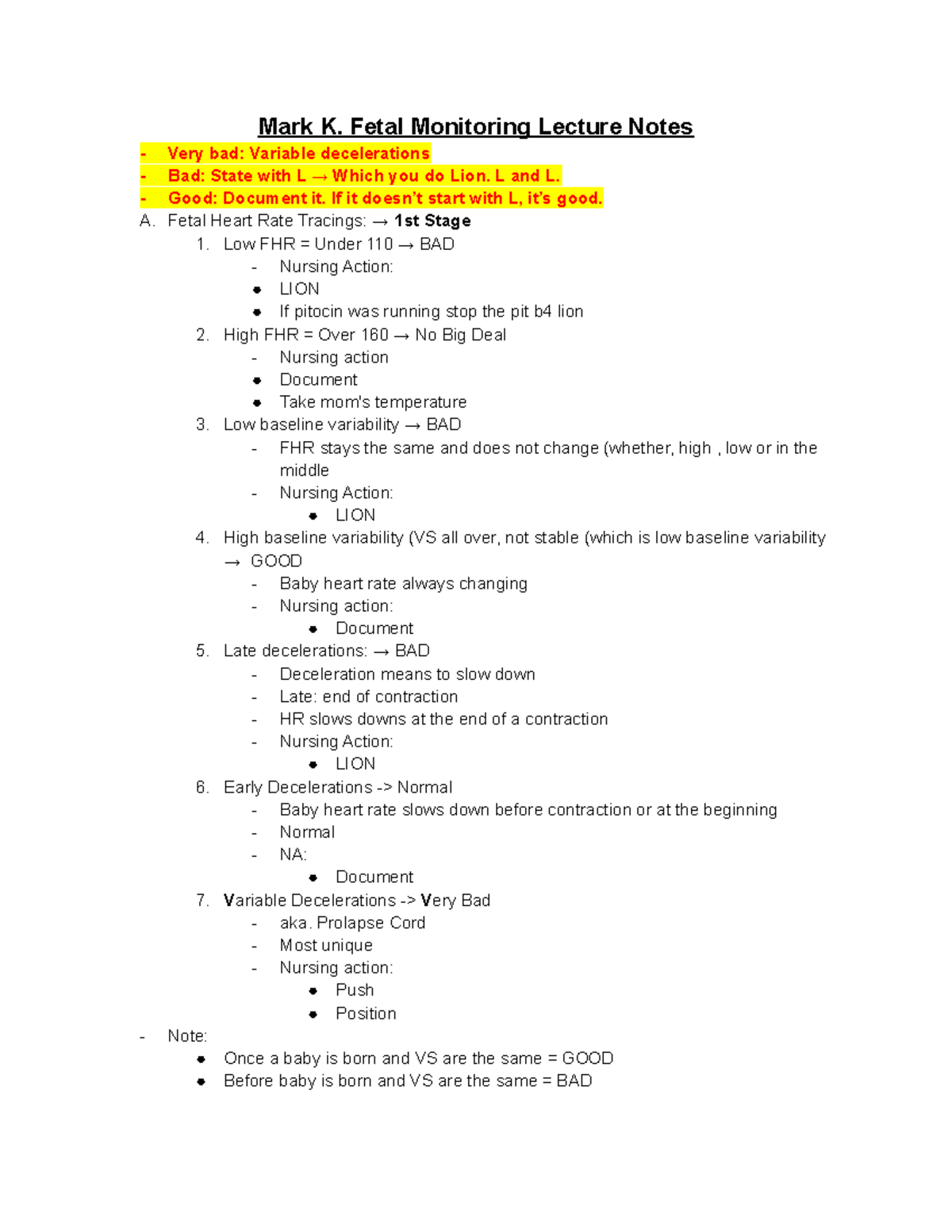 Fetal Monitoring - Mark K. Fetal Monitoring Lecture Notes **- Very bad ...